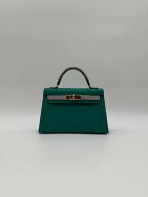 Hermès Mini Kelly Hss Vert Vertigo/ Gris Meyer Ostrich With Gold Hardware