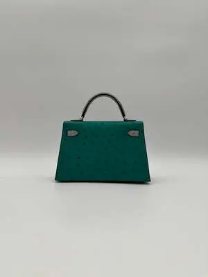Hermès Mini Kelly Hss Vert Vertigo/ Gris Meyer Ostrich With Gold Hardware