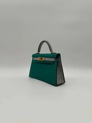 Hermès Mini Kelly Hss Vert Vertigo/ Gris Meyer Ostrich With Gold Hardware