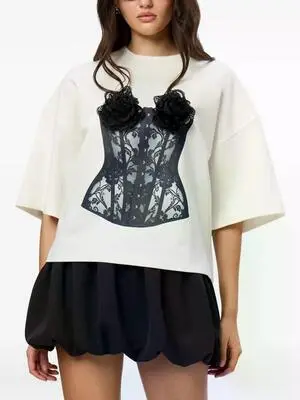 HAMZA Lace Corset Applique T-shirt - White