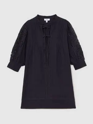 REISS Gia Cotton Cheesecloth Broderie Mini Dress - Navy