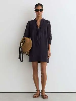 REISS Gia Cotton Cheesecloth Broderie Mini Dress - Navy