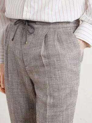 Brunello Cucinelli Straight-leg Pleated Herringbone Trousers - Brown