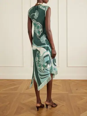 La DoubleJ Fringed Printed Silk-satin Midi Dress - Blue