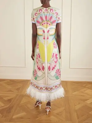 La DoubleJ Swing Feather-trimmed Silk Maxi Dress - Multi