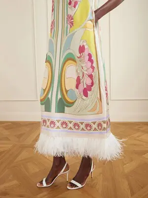 La DoubleJ Swing Feather-trimmed Silk Maxi Dress - Multi