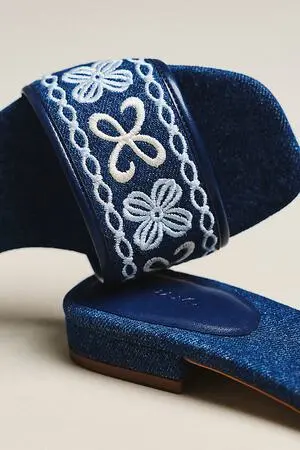 Maeve Embroidered Logo Slide Sandals - Denim/cream