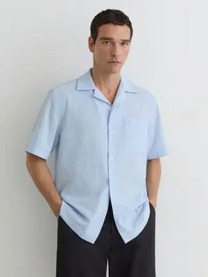 REISS Eclipse Textured Cuban-collar Short-sleeve Shirt - Soft Blue