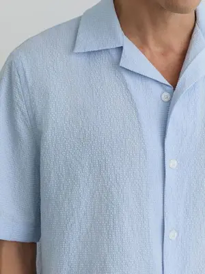 REISS Eclipse Textured Cuban-collar Short-sleeve Shirt - Soft Blue