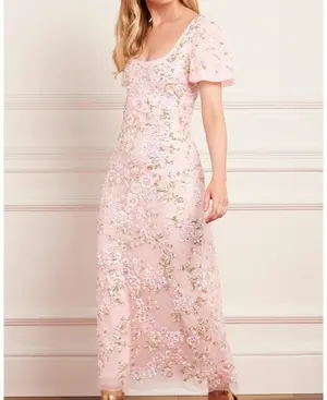 NEEDLE & THREAD Dream Garland Puff Sleeve Gown - Seashell/multi