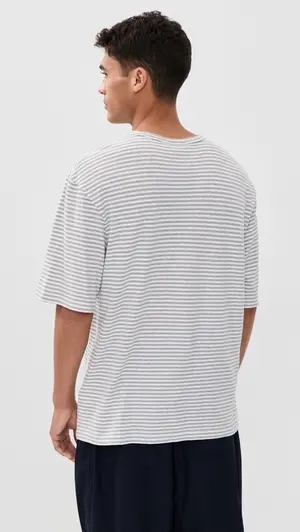 Officine Générale Elden Linen Mini Stripe Tee - Heather Grey/white