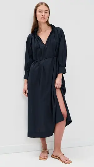 Merlette Shore" Maxi Dress With Pleated Detailing And Tie Belt