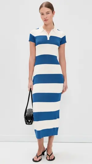 ROWING BLAZERS Striped Ribbed Knit Polo Maxi Dress