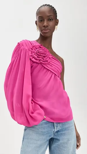 Farm Rio Rose Applique One Shoulder Puff Sleeve Blouse - Pink