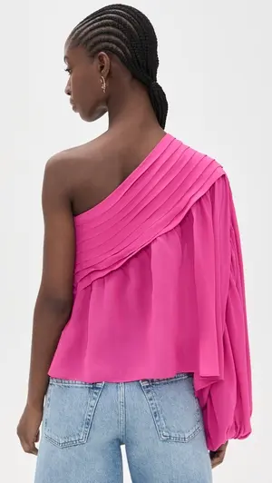 Farm Rio Rose Applique One Shoulder Puff Sleeve Blouse - Pink