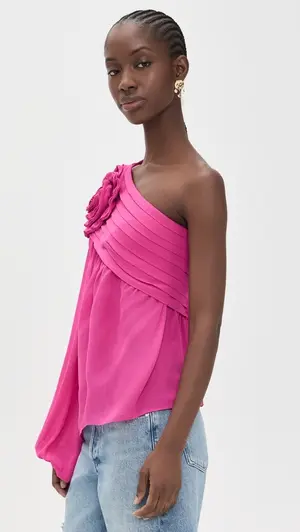 Farm Rio Rose Applique One Shoulder Puff Sleeve Blouse - Pink