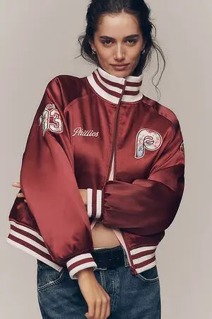 THE WILD COLLECTIVE Satin Varsity Bomber Jacket - Phillies