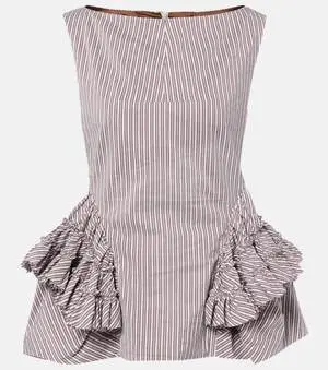 Dries Van Noten Striped Cotton And Silk Top With Ruffles - Brown
