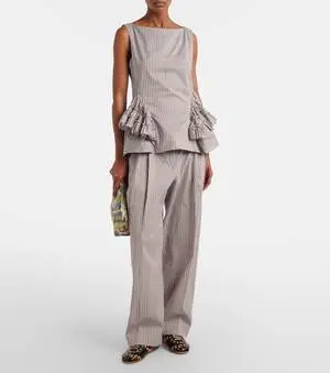 Dries Van Noten Striped Cotton And Silk Top With Ruffles - Brown