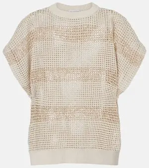Brunello Cucinelli Open-knit Sequined Cotton Sweater - Beige