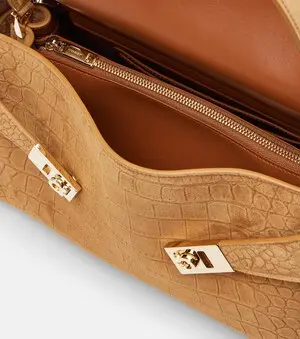 FERRAGAMO Medium Croc-effect Suede Shoulder Bag - Beige