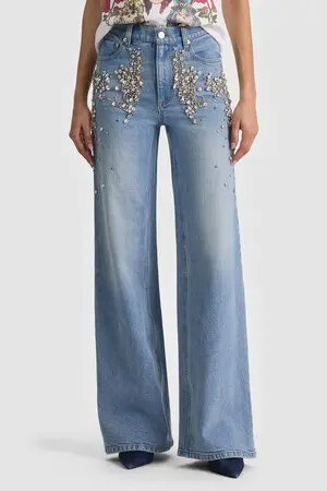 Alice + Olivia Chic Embellished Wide Leg Jeans - Denim