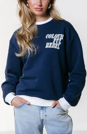 COLOURFUL REBEL Logo Contrast Ribbed Sweatshirt Blue