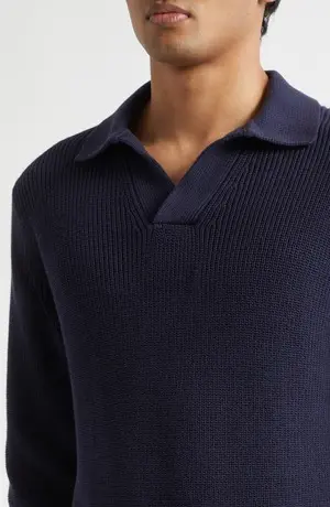 Thom Sweeney Skipper Long Sleeve Cotton Polo - Navy