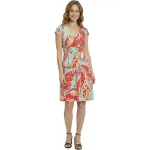24SEVEN COMFORT APPAREL Mosaic V-neck A-line Knee Length Dress - Blue Multi