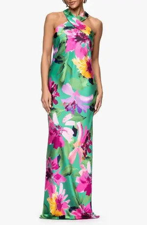 XSCAPE EVENINGS Floral Stretch Satin Column Gown
