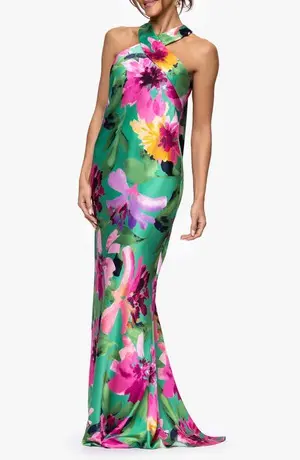 XSCAPE EVENINGS Floral Stretch Satin Column Gown