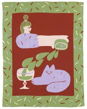 BIQUETTE Cocktail Cat Knit Throw Blanket Lime
