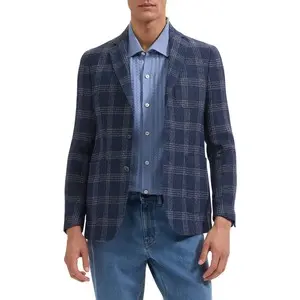 Bugatchi Windowpane Check Cotton & Linen Blend Blazer - Navy