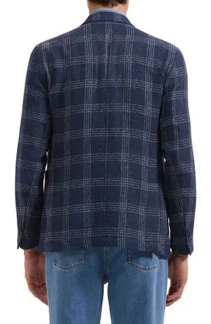 Bugatchi Windowpane Check Cotton & Linen Blend Blazer - Navy