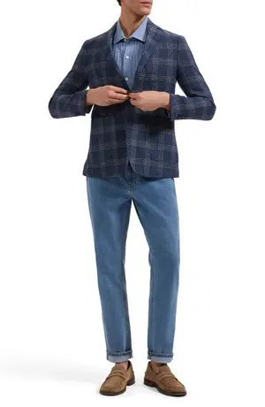 Bugatchi Windowpane Check Cotton & Linen Blend Blazer - Navy