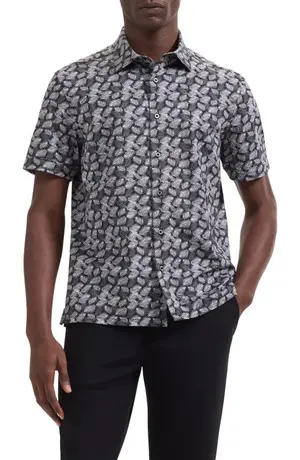 Bugatchi Milo Ooohcotton® Leaf Print Short Sleeve Button-up Shirt - Black