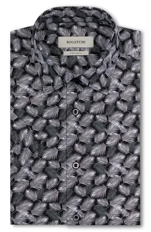 Bugatchi Milo Ooohcotton® Leaf Print Short Sleeve Button-up Shirt - Black