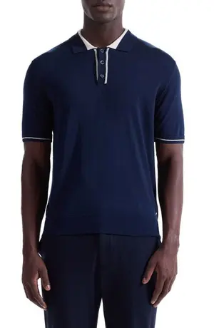 Bugatchi Tipped Merino Wool & Silk Polo Sweater - Navy