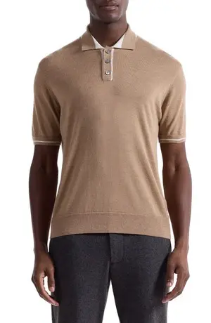 Bugatchi Tipped Merino Wool & Silk Polo Sweater - Walnut