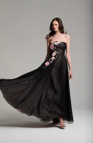 EMILY SHALANT 3d Floral Strapless Tulle Gown