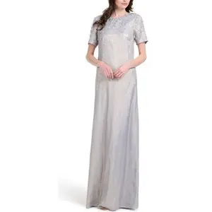 EMILY SHALANT Beaded Metallic Chiffon Gown