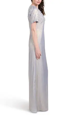 EMILY SHALANT Beaded Metallic Chiffon Gown