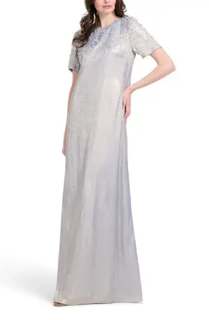 EMILY SHALANT Beaded Metallic Chiffon Gown