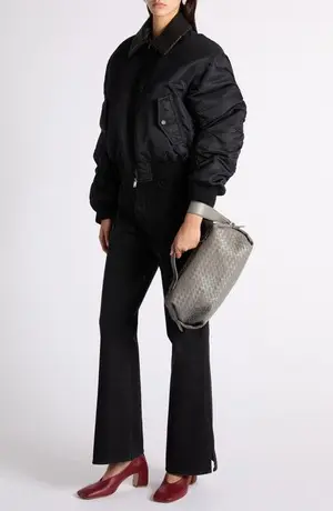 Bottega Veneta Intrecciato Collar Water Repellent Padded Nylon Bomber Jacket