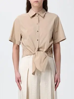 Liu Jo Cropped Cotton Shirt With Front Tie Detail - Beige