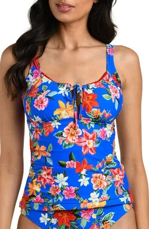 La Blanca Printed Tie Neck Tankini Top - Blue Multi