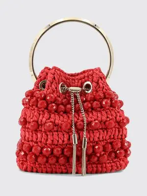 JIMMY CHOO Raffia Bucket Bag With Beading And Hoop Handle - Ruby