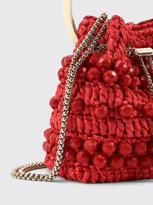 JIMMY CHOO Raffia Bucket Bag With Beading And Hoop Handle - Ruby