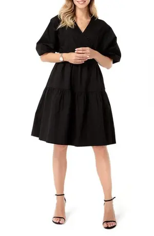 ACCOUCHEE Waterfall Tie Waist A-line Maternity/nursing Wrap Dress - Black