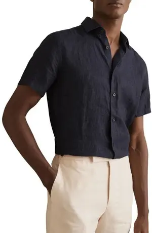 REISS Holiday Short Sleeve Linen Button-up Shirt - Navy